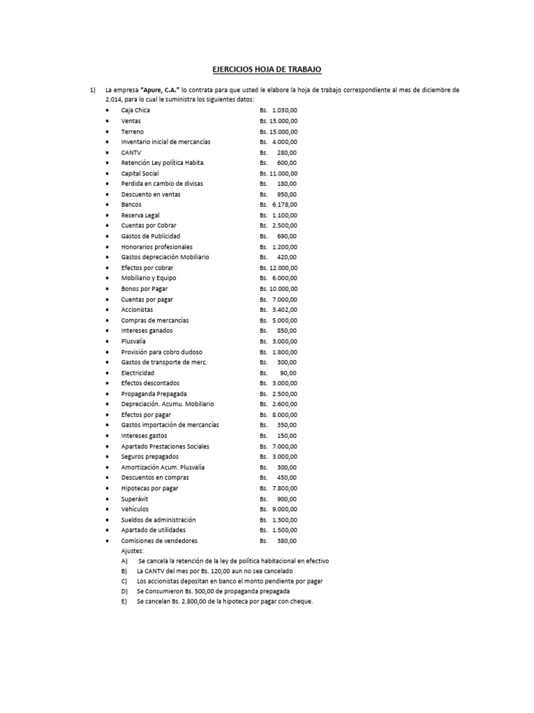 Ejercicios Hoja de Trabajo | PDF