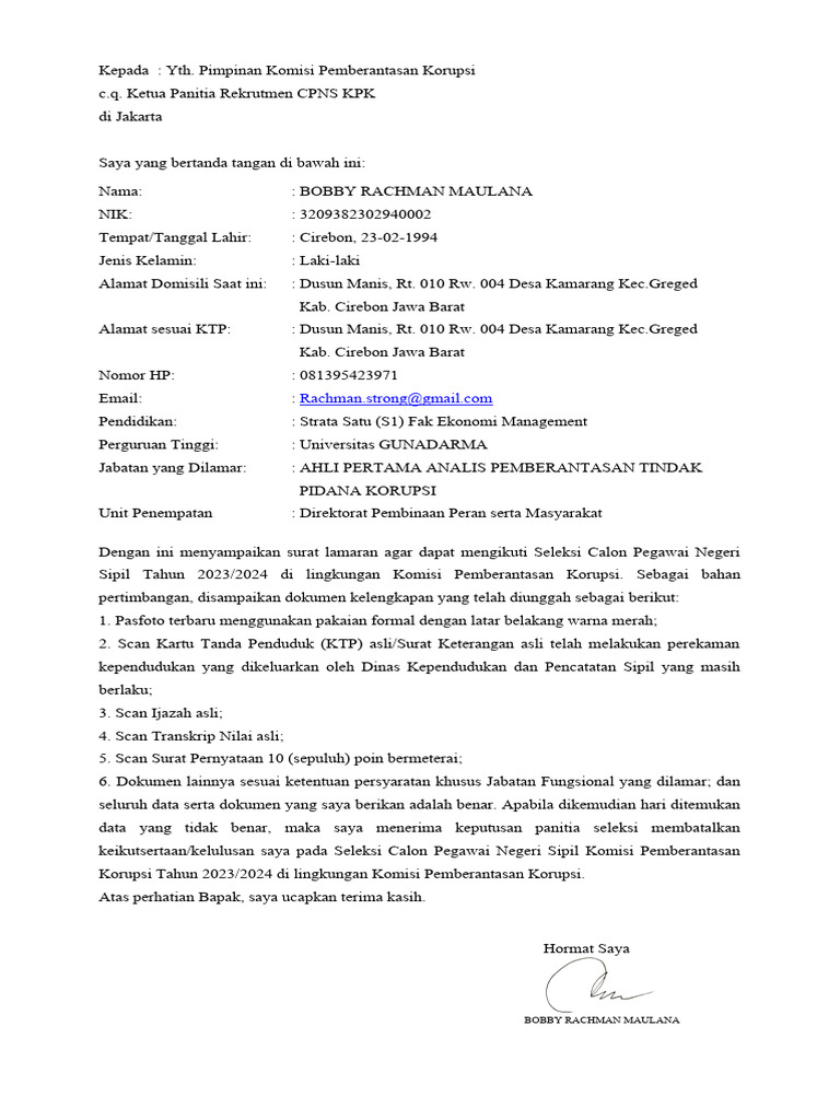 Surat Lamaran Asn KPK | PDF