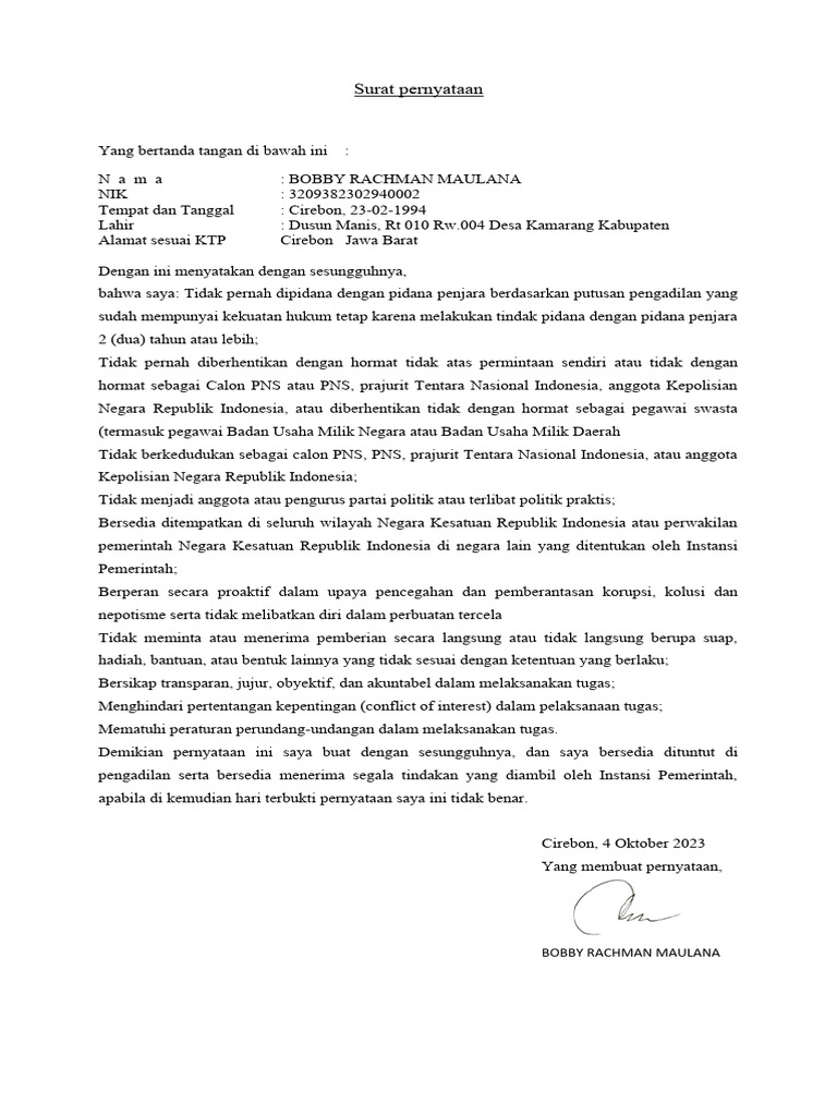 Surat Pernyataan Persyaratan Instansi KPK | PDF