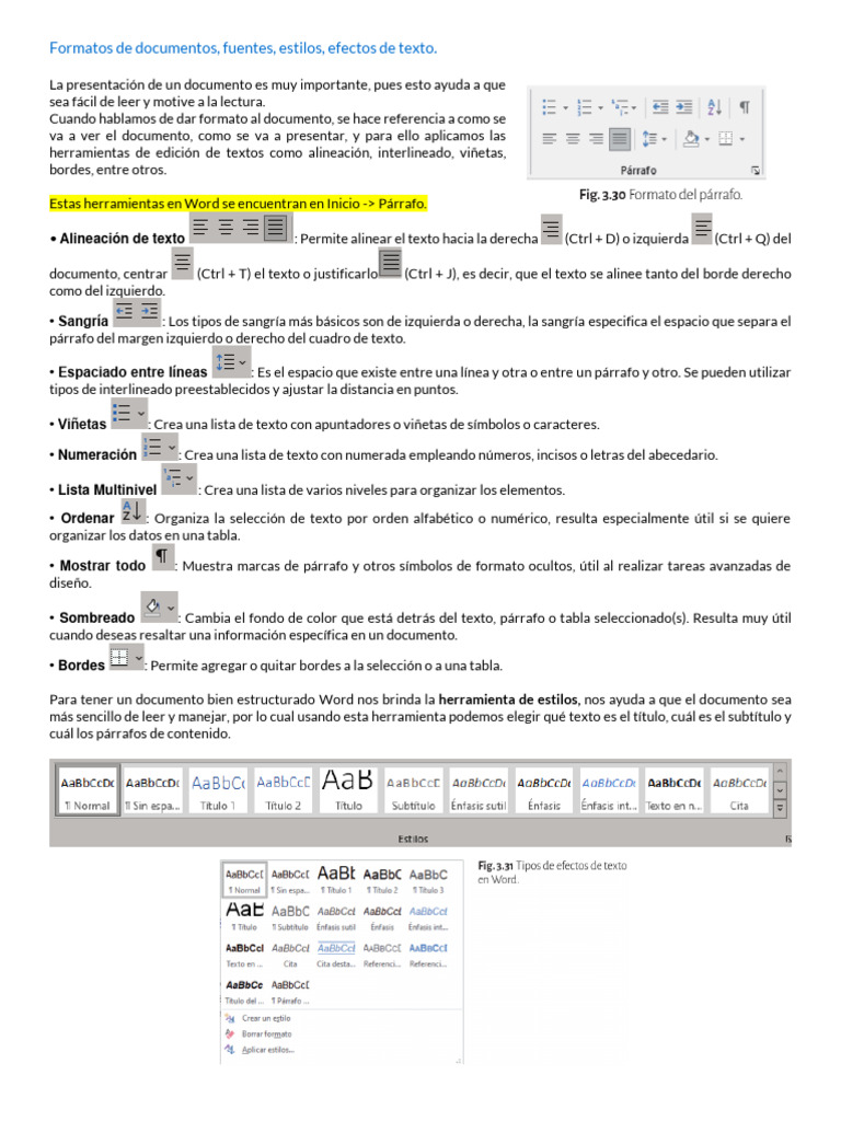 IV. Formatos de Documentos, Fuentes, Estilos, Efectos de Texto, Tablas ...