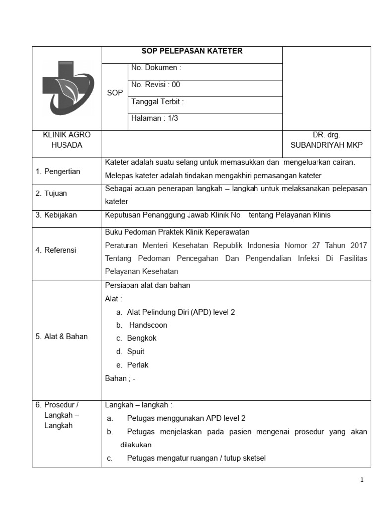 Sop Pelepasan Kateter | PDF
