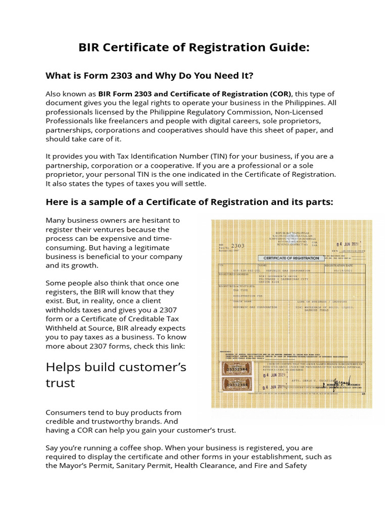 BIR Certificate of Registration Overview | PDF | Law