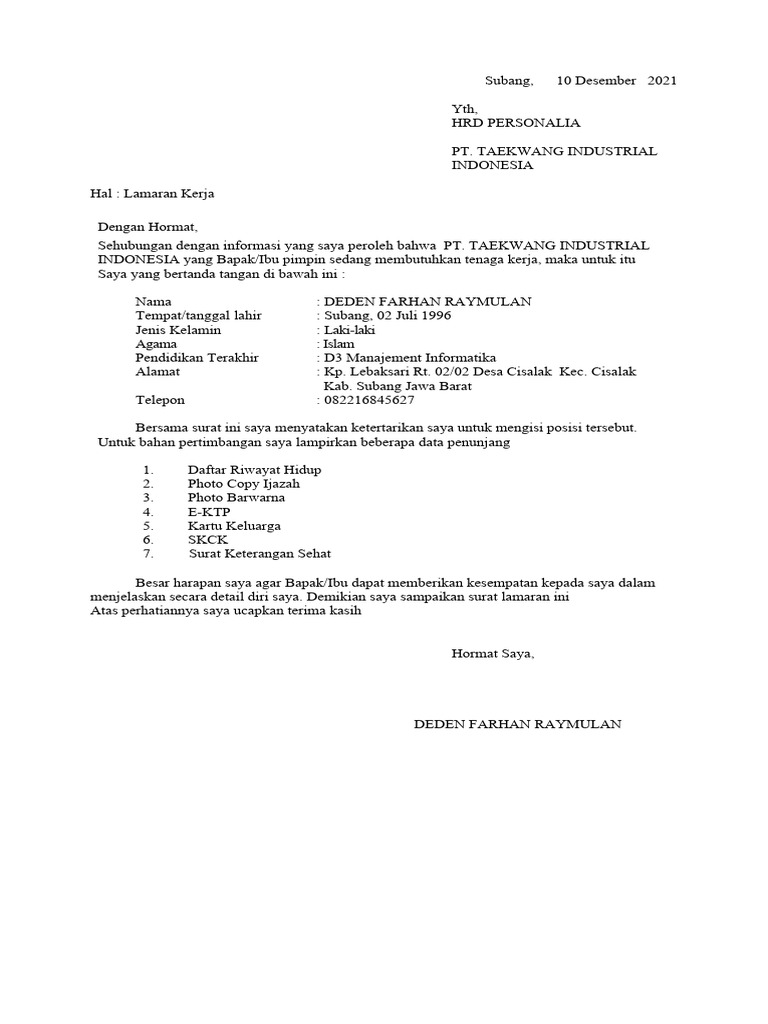 Lamaran Kerja Deden Farhan | PDF