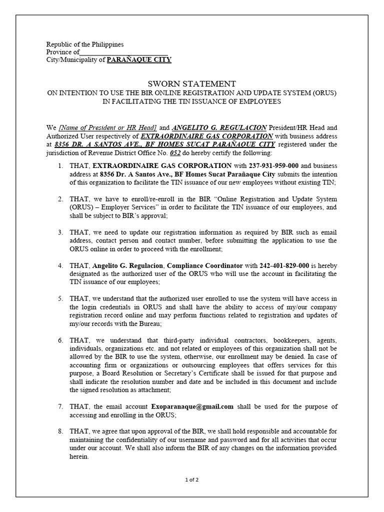 Employer Sworn - Statement - Template | PDF