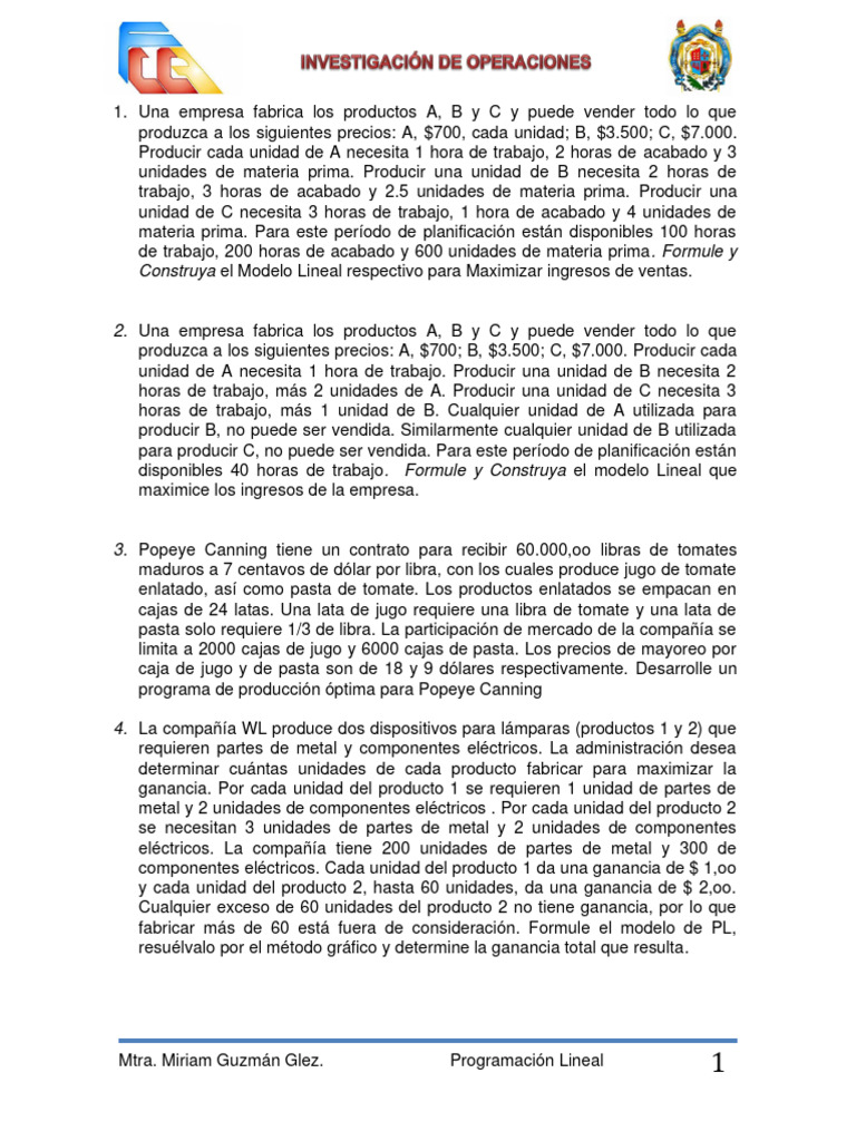 Ejercicios Programación Lineal para Alumnos | PDF Ejercicios Programación Lineal para Alumnos | PDF