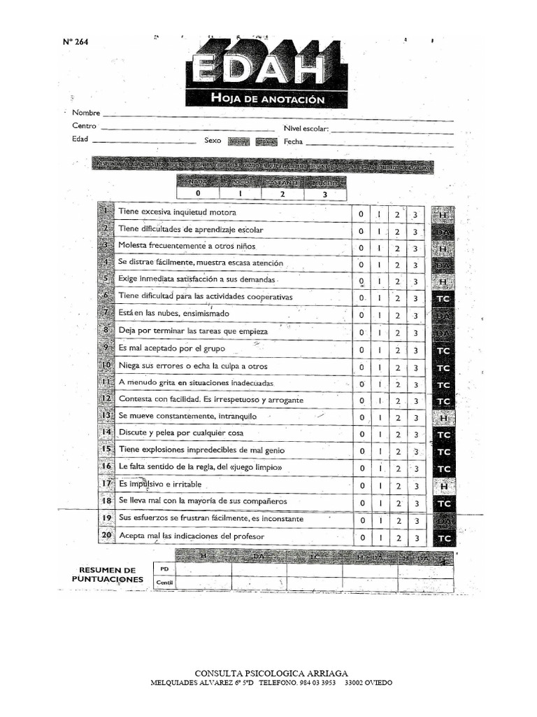 Test EDAH Deficit de Atención Pir Hiperactividaqd | PDF