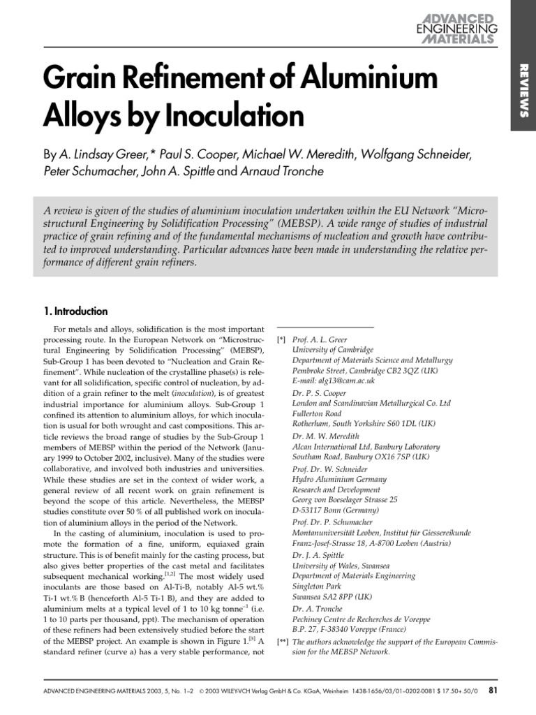 Grain Refinement of Aluminium Alloys by Inoculation | PDF