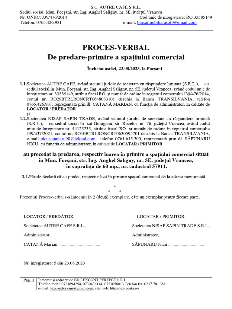 PV Predare-Primire 23082023 - Nisap Sapin Trade SRL | PDF