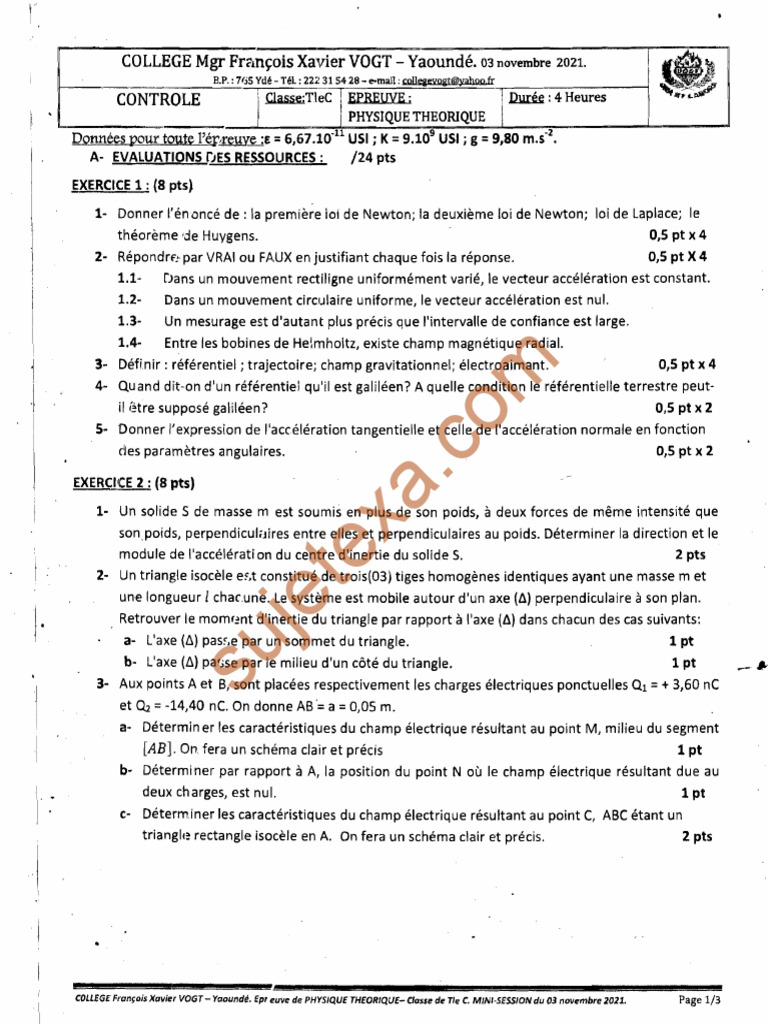 Physique Theorique - Collège Vogt - Controle - 03 Novembre 2021 - Terminale C - Année Scolaire ...