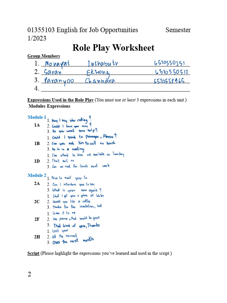 103 Role Play Worksheet - 1.2023 | PDF