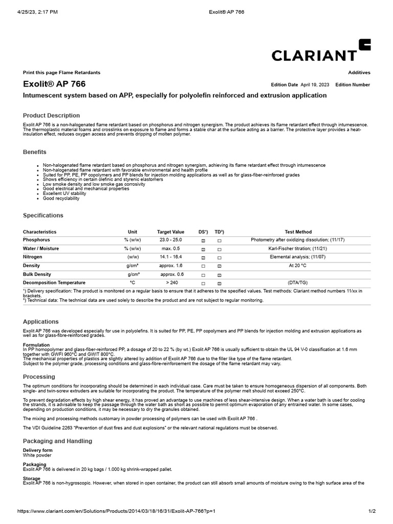 Exolit® AP 766 - TDS | PDF | Technology & Engineering