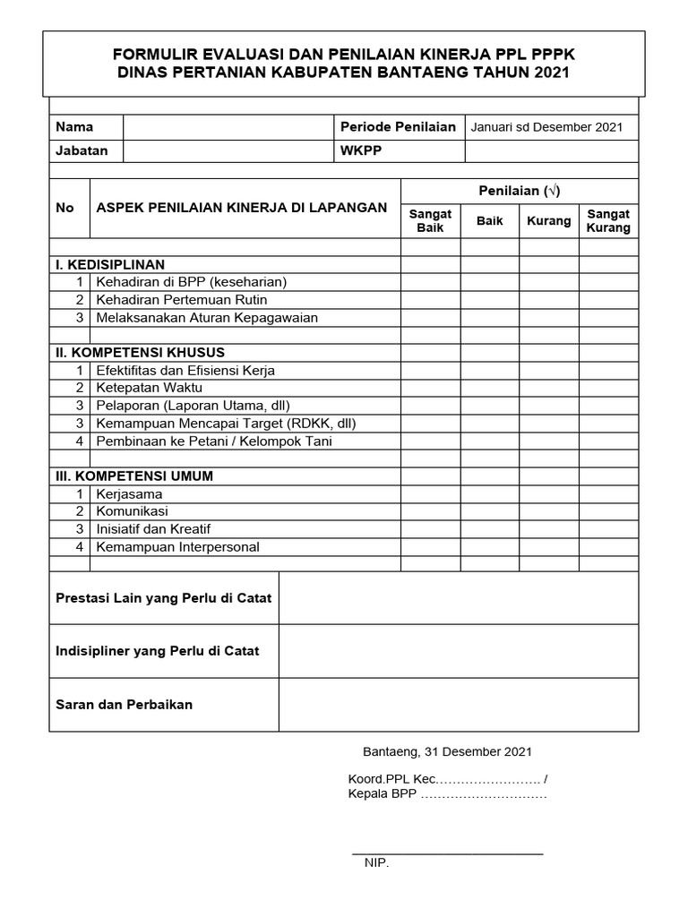 Formulir Evaluasi Dan Penilaian Kinerja PPPK | PDF Formulir Evaluasi Dan Penilaian Kinerja PPPK | PDF