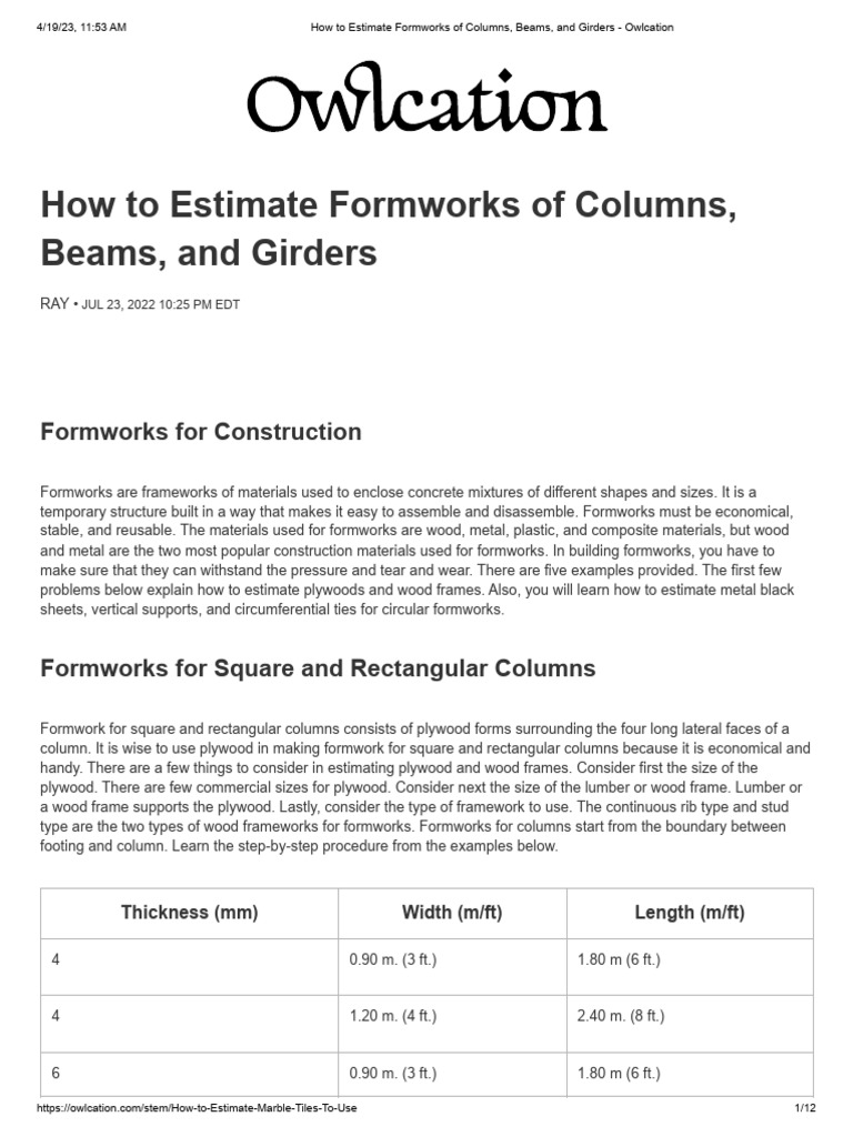 Estimating Formwork for Columns | PDF