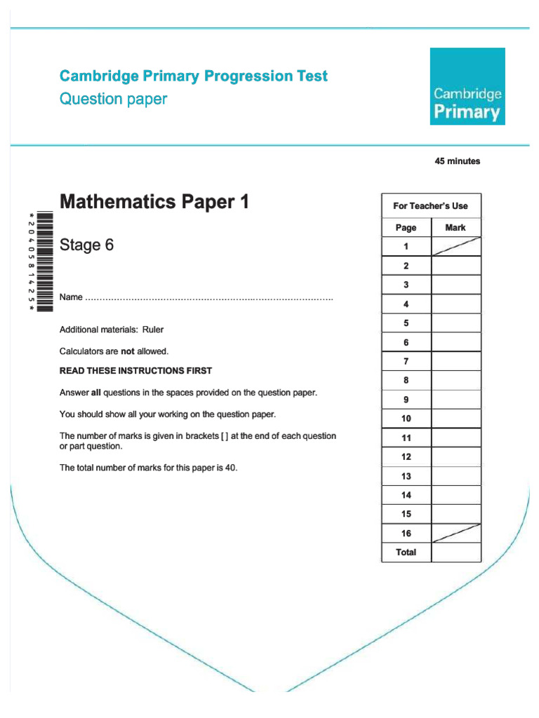 PDF Primary Progression Test Stage 6 2014 Mathematics Paper 1pdf ...