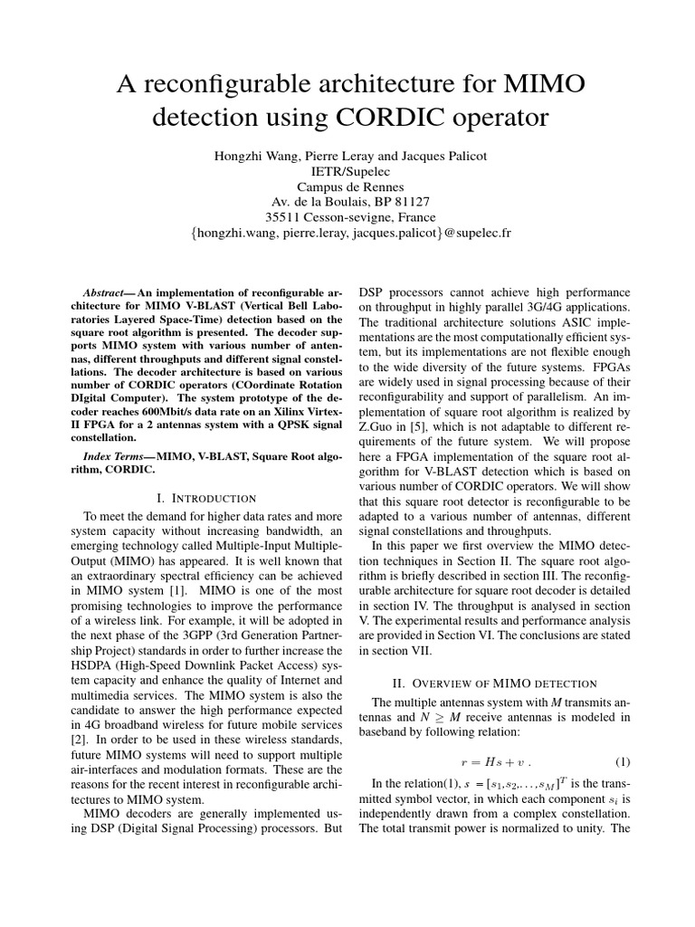 Paper A Reconfigurable Architecture For Mimo Detection Using Cordic