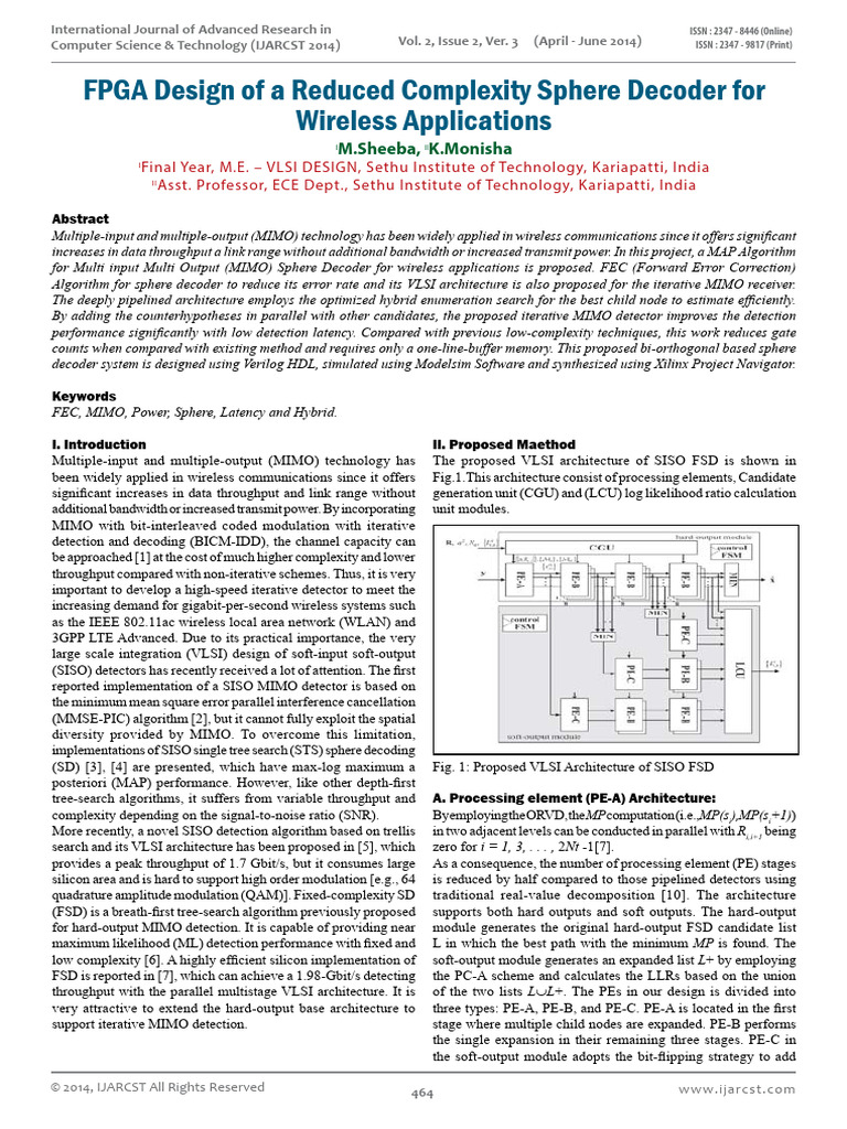 Paper Fpga Design Of A Reduced Complexity Sphere Decoder Forwireless Applications Pdf