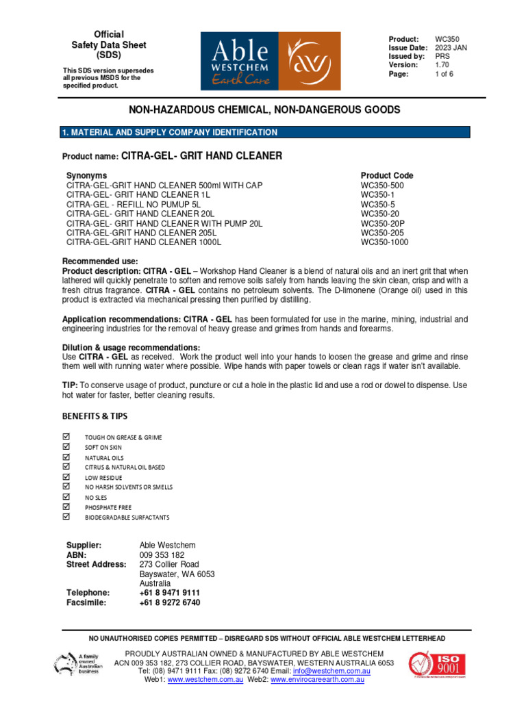 Citra-Gel - Grit Hand Cleaner | PDF | Toxicity | Dangerous Goods