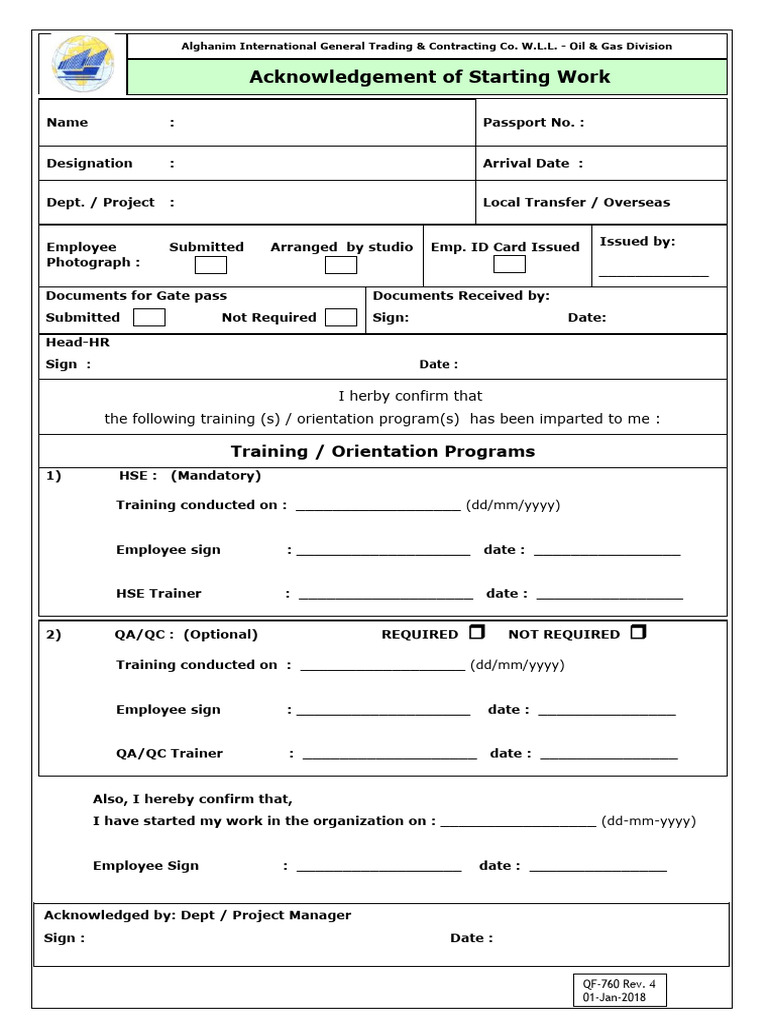 Acknowledgement of Starting Work QF-760 Rev 4 | PDF