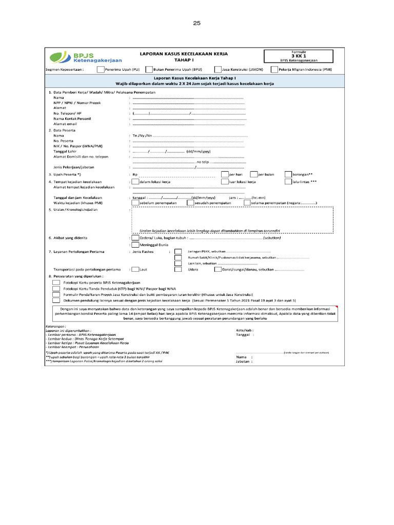 Form Laporan Kasus Kecelakaan Kerja Tahap 1 | PDF