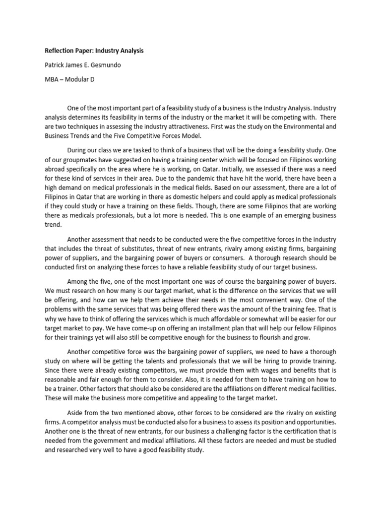 Reflection Paper Industry Analysis | PDF | Economies | Business