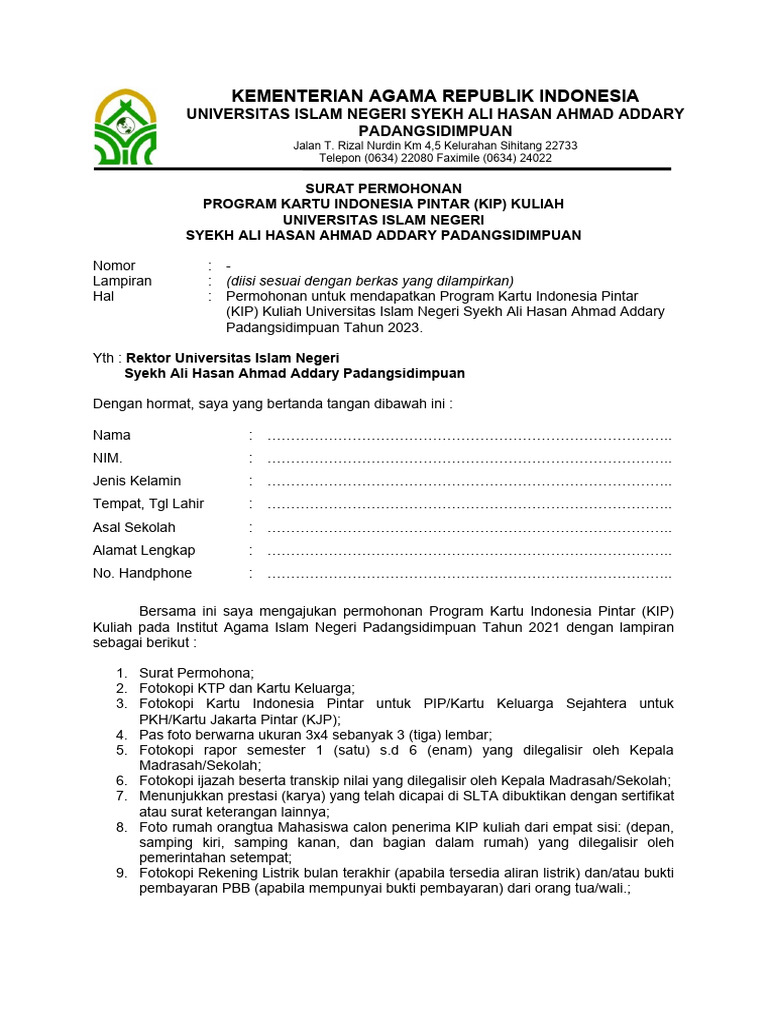 Format Surat Permohonan Program Kartu Indonesia Pintar Tahun 2023 | PDF