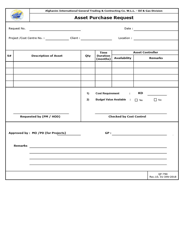 Asset Purchase Request Form QF-790 Rev 10 | PDF