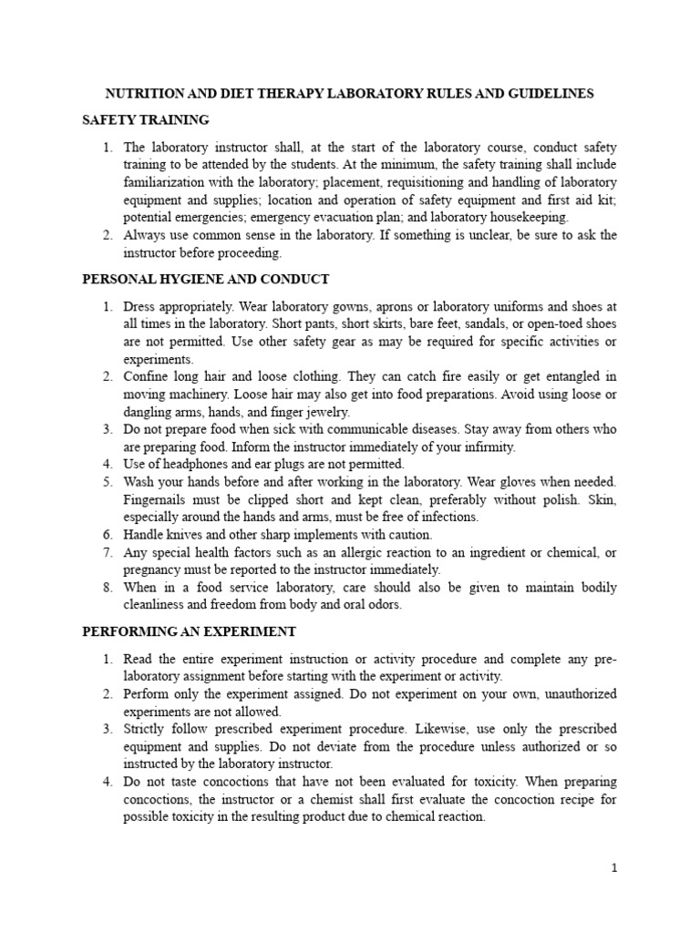 Nutrition and Diet Therapy Laboratory Rules and Guidelines | PDF | Wellness