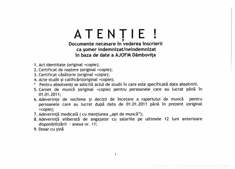 Acte necesare inregistrare dosar somaj | PDF