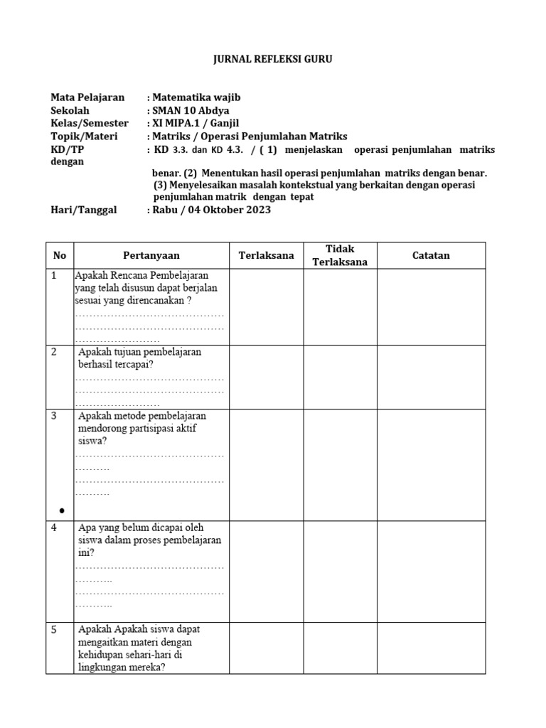 Jurnal Refleksi Guru Dan Siswa_hanisah | PDF