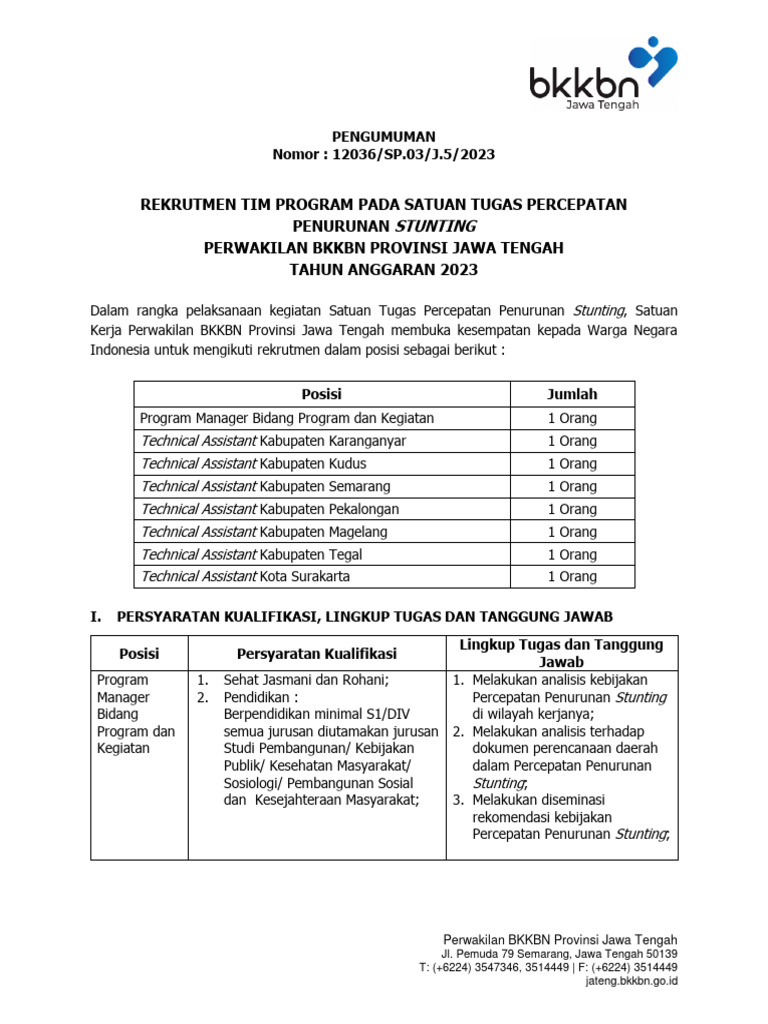 Surat Pengumuman Rekrutmen Satgas Penurunan Stunting | PDF Surat Pengumuman Rekrutmen Satgas Penurunan Stunting | PDF