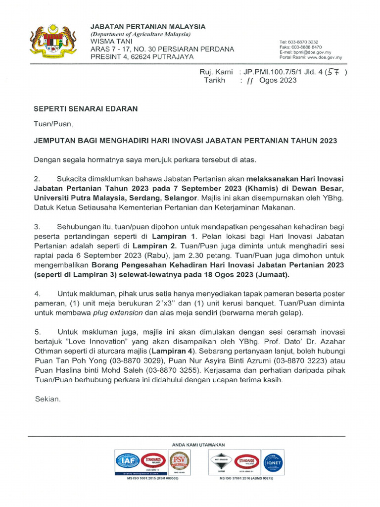 Surat Jemputan Pempamer - Peserta Hari Inovasi 2023 | PDF