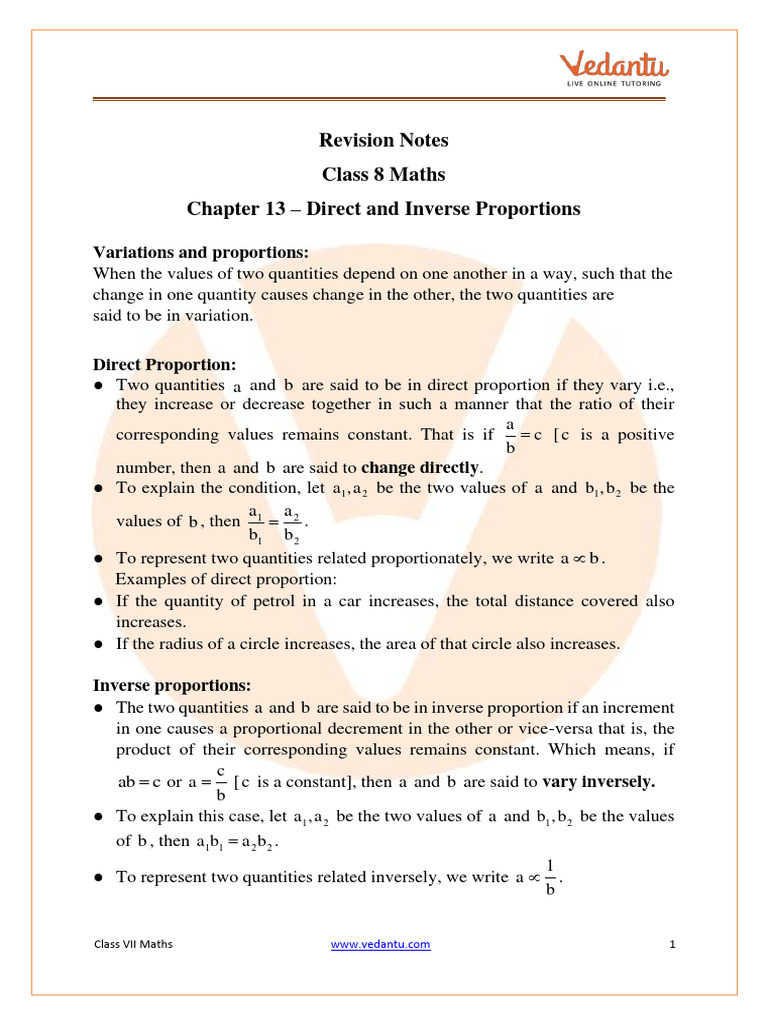 Direct and Inverse Proportions Class 8 Notes CBSE Maths Chapter 13 (PDF ...