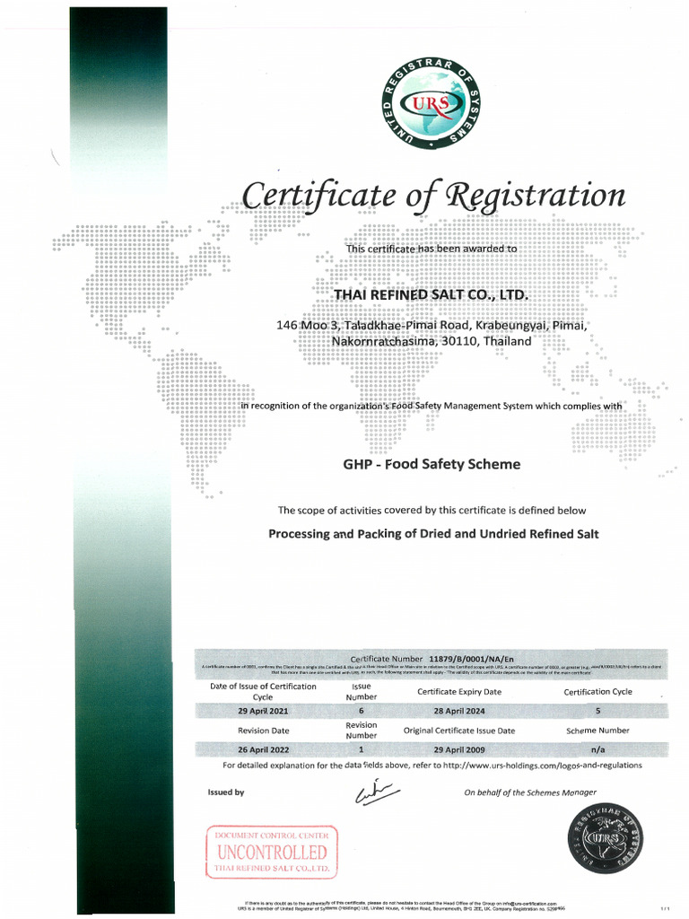 Certificate_Thailand TRS refined salt | PDF