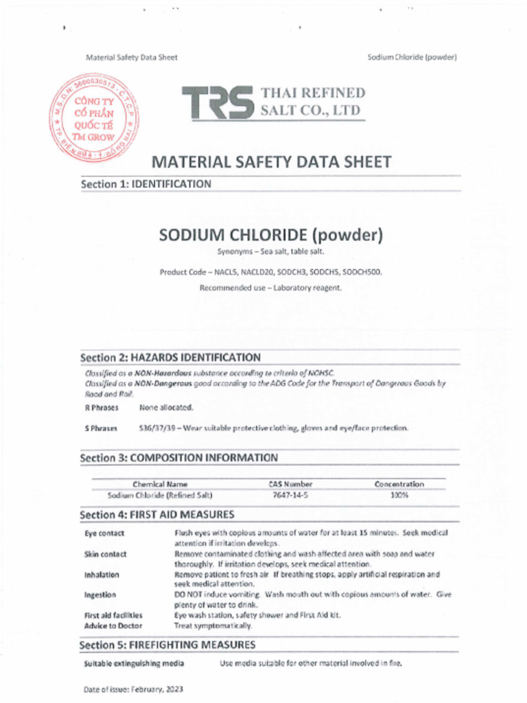 Material Safety Data Sheet of Thailand TRS Refined Salt | PDF