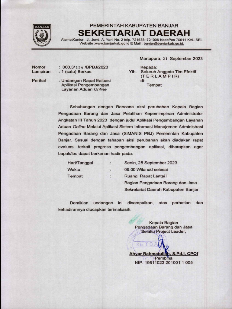 Undangan Rapat Evaluasi Aplikasi Pengembangan Layanan Aduan Online | PDF