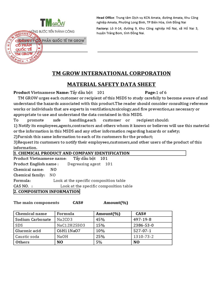 MSDS-Tẩy dầu bột 101 (101脱脂粉) | PDF | Self-Improvement | Technology & Engineering