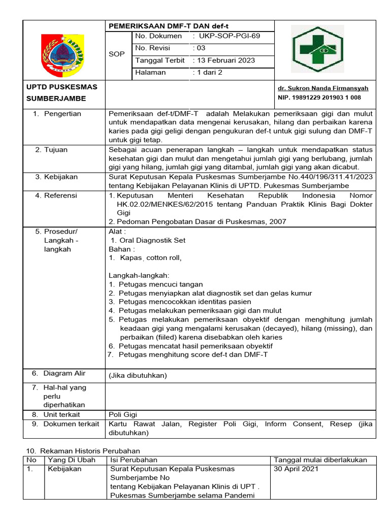 Sop Pemeriksaan DMFT Dan Deft | PDF