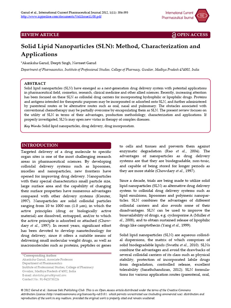 Solid Lipid Nanoparticles SLN Method Characterizat | PDF | Emulsion | Chemical Substances