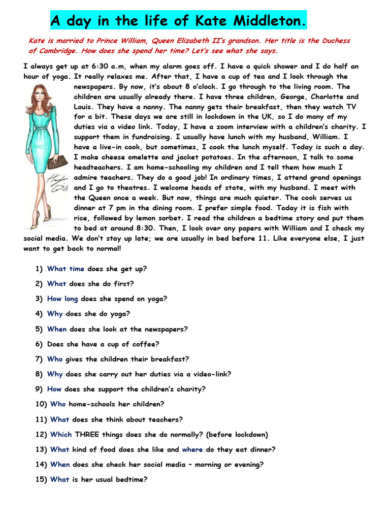 RC A Day in The Life of Kate Middleton Reading Comprehension Exercises ...