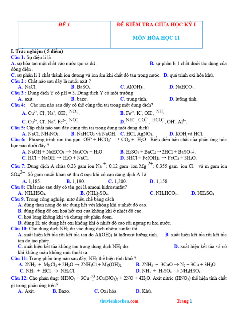 Bo de Kiem Tra Giua HK1 Hoa 11 Co Dap An | PDF
