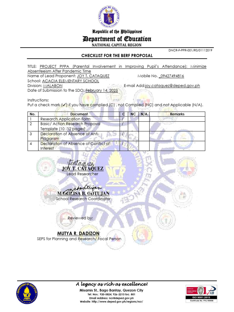 2023-Malabon-Berf Proposal - Cataquez, Joy T. | PDF