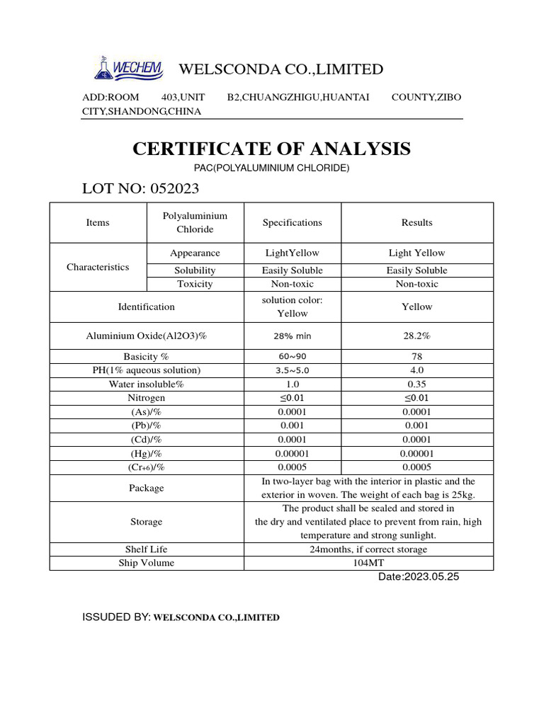 Coa Pac-D-Lot052023 | Download Free PDF | Solubility | Sets Of Chemical Elements