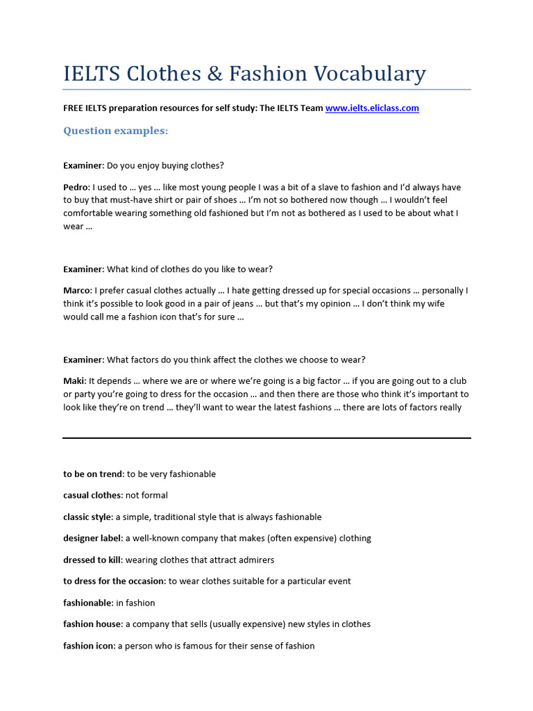 IELTS Vocabulary Clothes | PDF | Fashion | Clothing