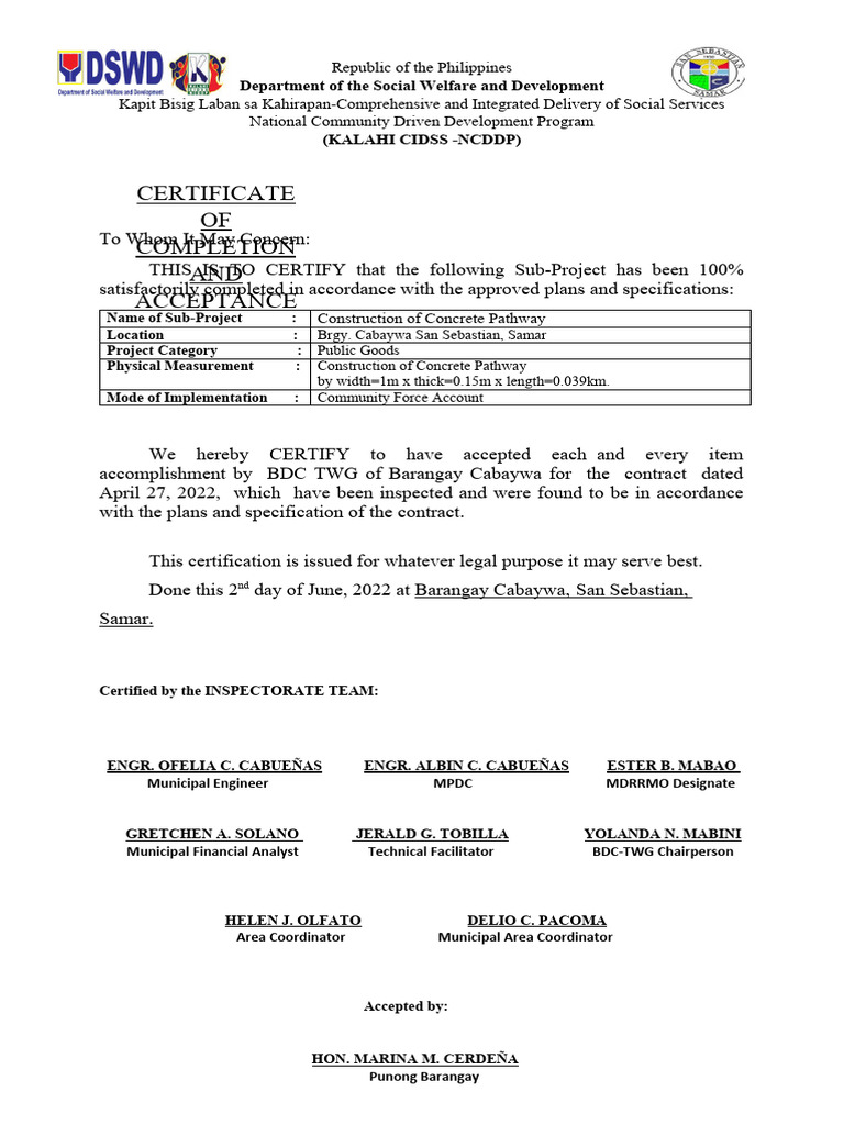 Certificate Of Completion And Acceptance Pdf