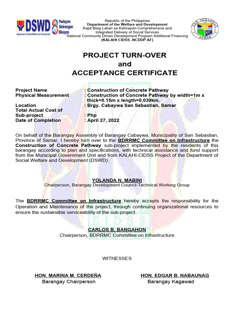 Turn-Over & Acceptance Certificate | PDF