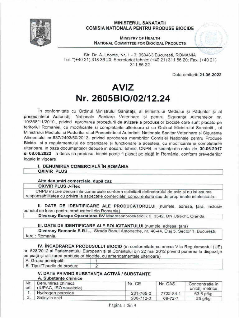 Oxivir Plus Aviz 2605BIO - 02 - 12.24 | PDF