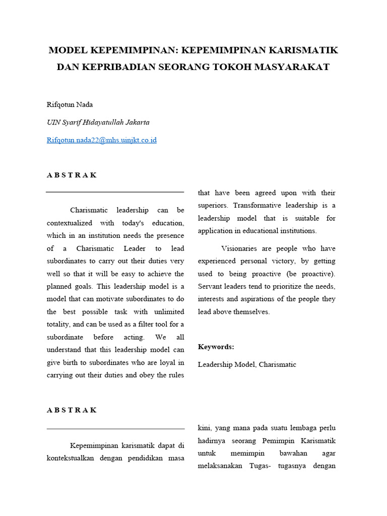 Model Kepemimpinan Karismatik Rifqotunnada | PDF