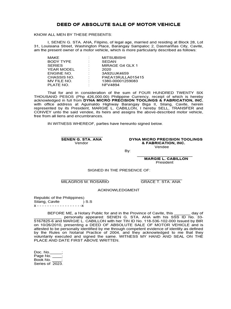 DYNA MICRO DEED OF SALE - Motor Vehicle | PDF