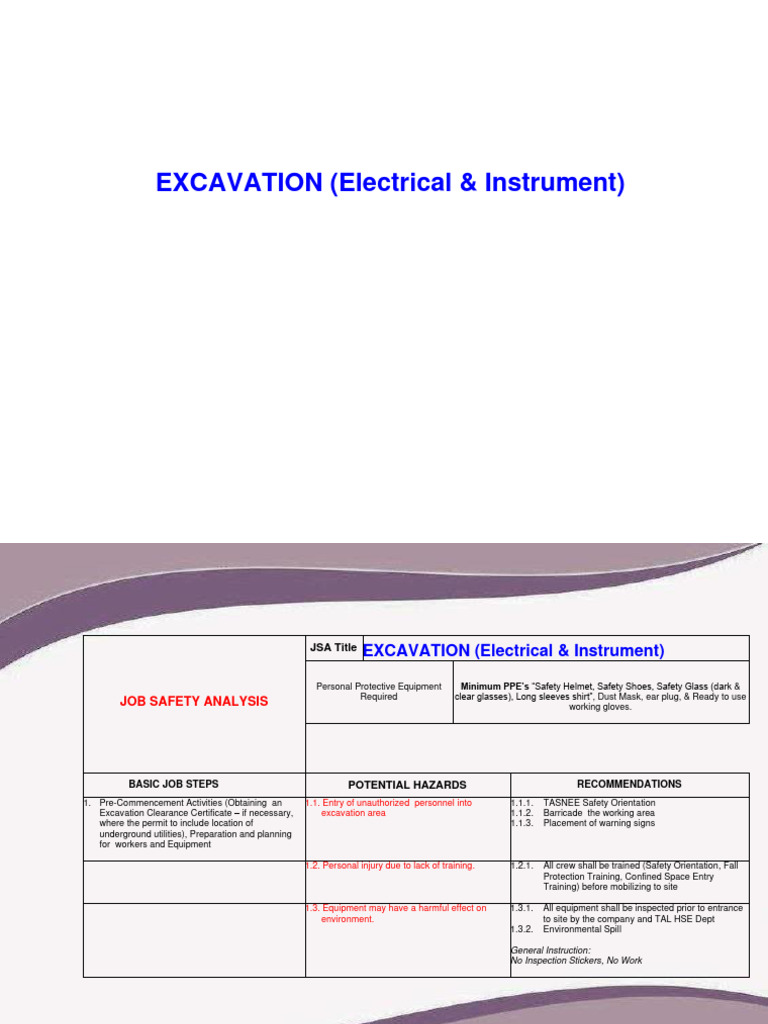 JSA EXCAVATION (Electrical & Instrument) | PDF