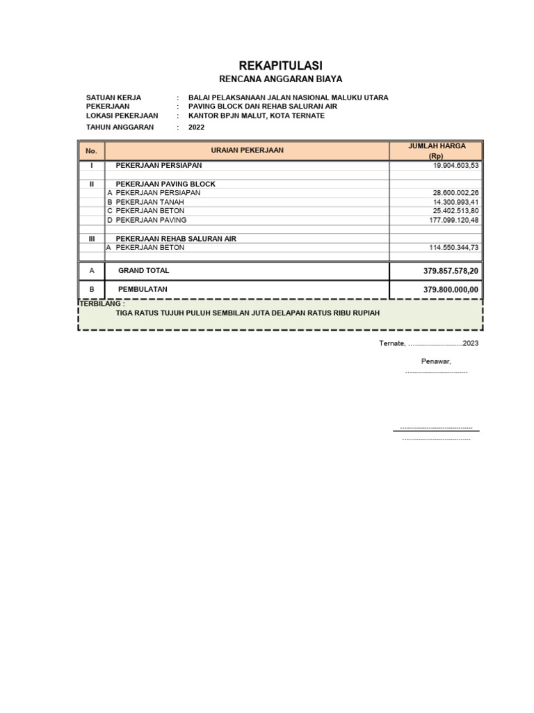 Rekap, Rab Dan Back Up Data (Paving Dan Saluran Air) | PDF